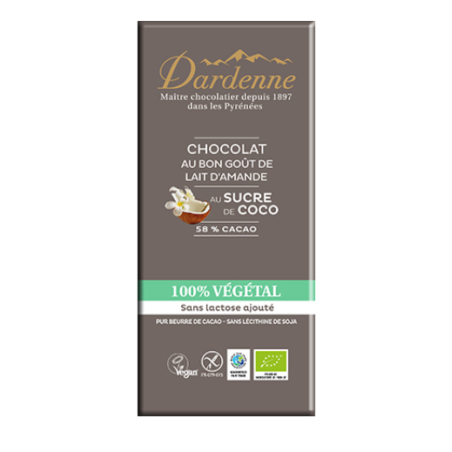 Tablette Chocolat au Lait d'Amande 100% Végétal au Sucre de Coco - Dardenne