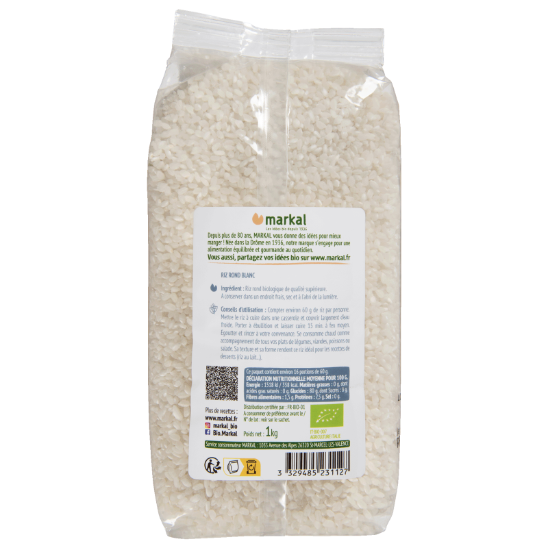Riz rond blanc bio 1kg Markal - Origine Italie