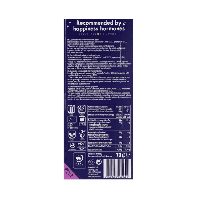 Chocolat noir 75 % gingembre – Lovechock 70 g bio
